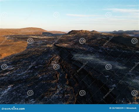 Aerial Shot Of The Partly Frozen Icelandic Volcano Fagradalsfjall In Sunrise Stock Image Image