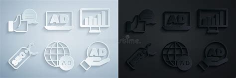 Set Advertising Monitor With Graph Chart Seo Optimization And Customer Product Rating Icon