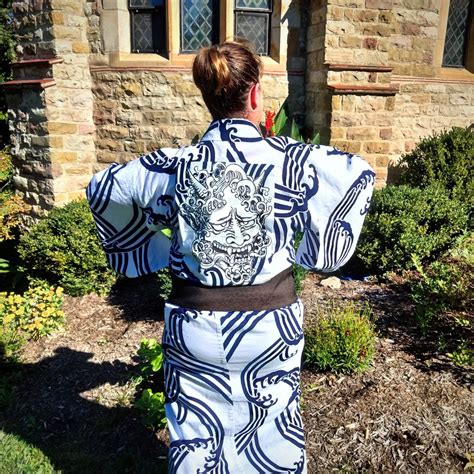 Yukata Kimono With Hannya Yokai Art And Japanese Waves Pattern Japan Oni Demon Samurai Kabuki