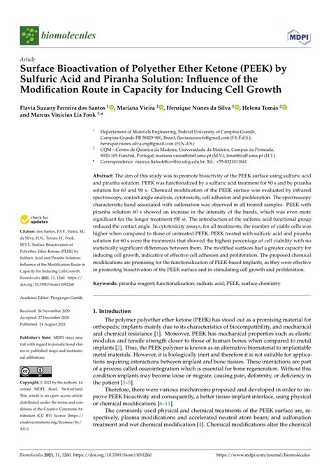 Pdf Surface Bioactivation Of Polyether Ether Ketone Peek By Sulfuric Acid And Piranha