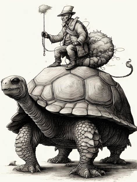 Premium AI Image Ink Drawing Of A Man Riding A Turtle AI Generated AI Generative AI Generativ