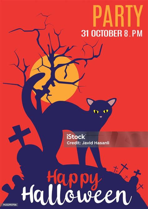 달의 붉은 무서운 배경에 검은 고양이와 할로윈 일러스트레이션 무서운 나무와 무덤이있는 할로윈 파티 초대장 해피 할로윈 휴가 포스터 및 웹 배너 벡터 일러스트 레이 션 10