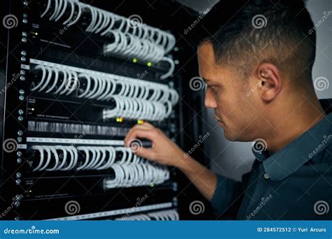Database Server Room And Engineer With Man For Maintenance Programmer And Cyber Security