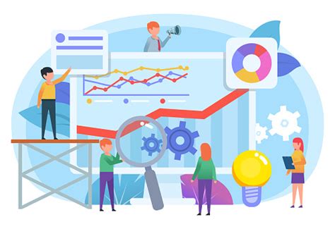 비즈니스 성장 분석 컴파일하기입니다 작은 다양 한 차트와 함께 큰 화면 근처 서 소셜 미디어 웹 페이지 배너 프레 젠 테이 션에 대 한 포스터 마케팅에 대한 스톡 벡터 아트