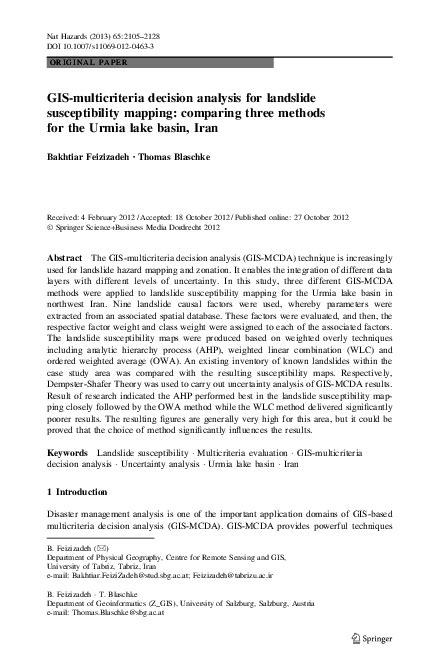 Pdf Gis Multicriteria Decision Analysis For Landslide Susceptibility Mapping Comparing Three