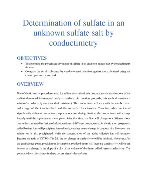 Part 2 Determination Of Sulfate In An Unknown Sulfate Salt By
