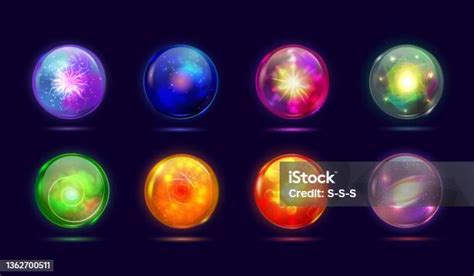 마법의 신비한 구슬 판타지 빛나는 공 에너지 구 둥근 유리 크리스탈 마술사 지구 신비 마법 마법 점쟁이 투명 깔끔한 벡터에 효과 번개 구에 대한 스톡 벡터 아트 및 기타
