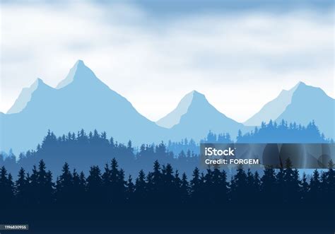 다양한 숲과 구름이있는 산 풍경의 사실적인 그림 흐린 봄 또는 겨울 하늘 벡터 0명에 대한 스톡 벡터 아트 및 기타 이미지 0명 가문비나무 겨울 Istock