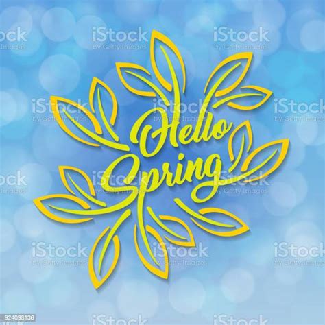 안녕하세요 봄입니다 녹색 양식된 비문 Bokeh 효과 함께 하늘에 대 한 단풍으로 장식 되어 있습니다 봄 디자인 카드 초대장 포스터에 대 한 서식 파일 0명에 대한 스톡