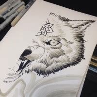 Screaming Half Wolf Face With A Flower On A Forehead Tattoo Design