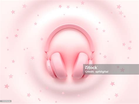 분홍색 배경에 헤드폰과 별 최소한의 음악 플랫 평신도 개념 광고 asmr 아이디어 3d 렌더 3차원 형태에 대한 스톡 사진 및