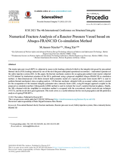 Pdf Numerical Fracture Analysis Of A Reactor Pressure Vessel Based On