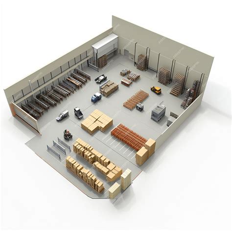 A 3d Warehouse Layout Showing Optimized Space Utilization And Workflow