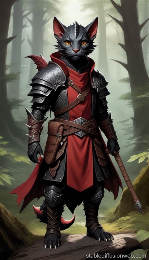 Black Dragonborn Druid In Forest With Kitten Stable Diffusion Online