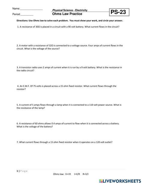 Ohms Law Practice Worksheet Online Exercise For Worksheets Library