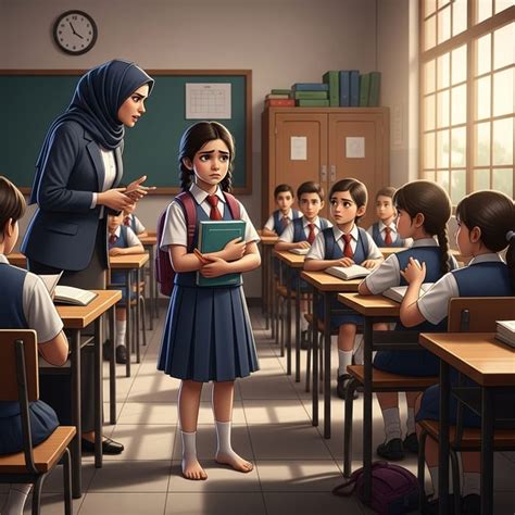 Heartfelt School Encounter Young Girl In Uniform With Stern Teacher