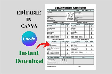 Homeschool Transcript Template Official High School Grades Editable