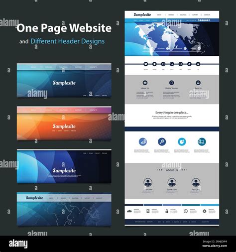 One Page Website Template And Different Header Designs Stock Vector