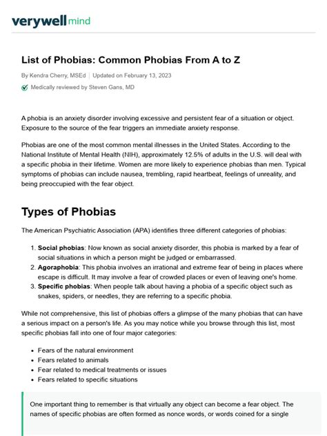 A Z List Of Common Phobias Pdf Phobia Cognitive Behavioral Therapy