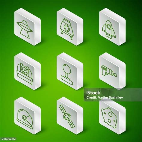 소행성 위성 Ufo 비행 우주선 조이스틱 천문대 화성 탐사선 우주 비행사 헬멧 및 광선 총 아이콘을 설정합니다 벡터 3차원 형태에 대한 스톡 벡터 아트 및 기타 이미지