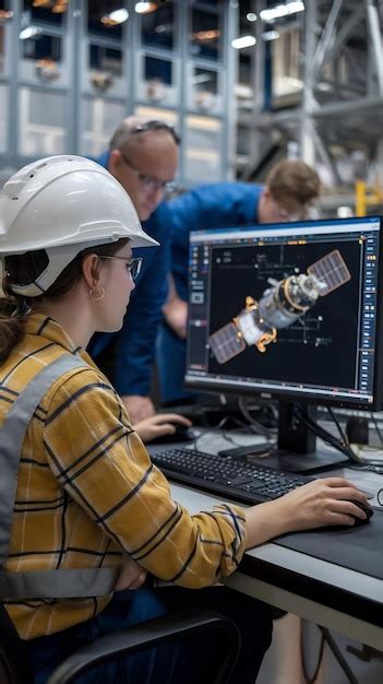 Female Engineer Uses Computer To Analyse Satellite Calculate Orbital Trajectory Tracking