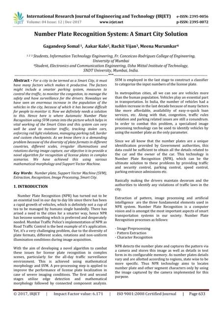 Number Plate Recognition System A Smart City Solution Pdf