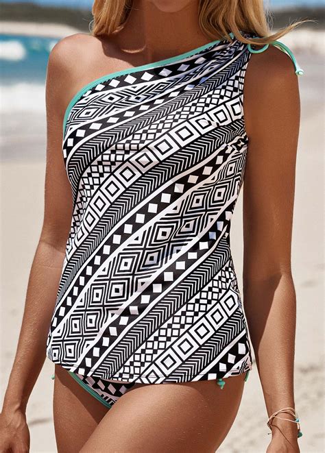 Mid Waisted Tribal Print Asymmetry Black Tankini Set Rosewe USD