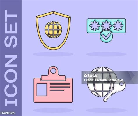 Set Globe Key Shield With World Globe Identification Badge And Password Protection And Safety