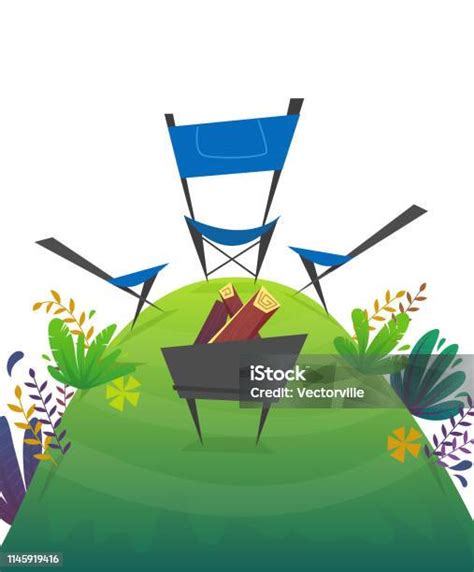 공원 숲의 휴식에서 피크닉 그릴 호수 나 바다에서 캠핑 녹색 잔디 필드와 나무 자연 식물에서 야생 관광 주말 아름 다운 평온 쾌활 한 만화 스타일 벡터 배경 소풍 음식에