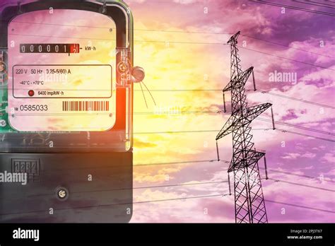 Double Exposure Of Electricity Meter And High Voltage Tower With Transmission Power Lines Stock
