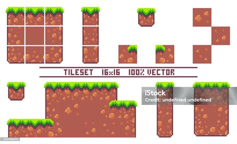 Ilustración De Pixel Art Tile Set For 2d Retro Game A Set Of Ground Tiles With Grass For