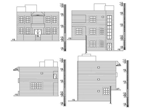 House Building Four Side Elevation With Floor Levels Autocad File