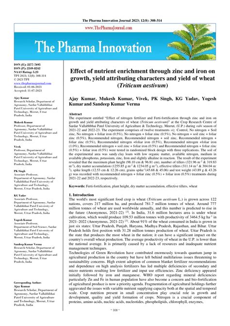Pdf Effect Of Nutrient Enrichment Through Zinc And Iron On Growth