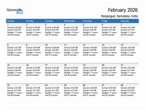 February 2026 Sunrise And Sunset Calendar For Nanjangud India Pdf