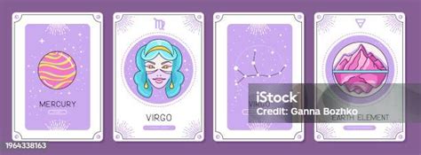 점성술 처녀 자리 조디악 사인 특성과 만화 마법 마법 카드 세트 벡터 일러스트 레이 션 고풍스런에 대한 스톡 벡터 아트 및 기타 이미지 고풍스런 꿈꾸기 달 하늘