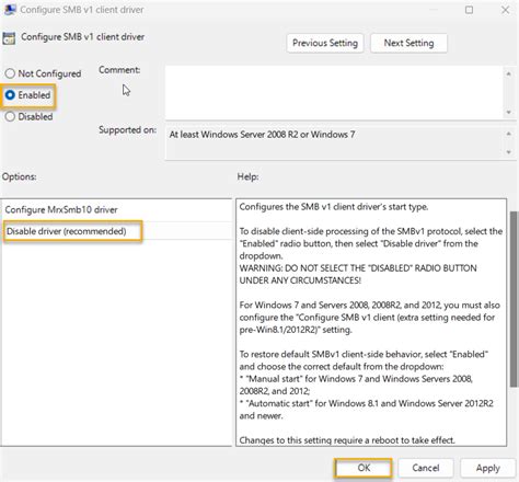Ensure Configure Smb V1 Client Driver Is Set To Enabled Disable Driver Recommended Cis