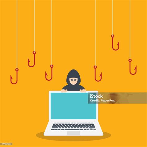 해커 공격 해커 및 사이버 범죄자 피싱 신원 도용 사용자 로그인 비밀번호 문서 이메일 및 신용 카드 해킹 및 웹 보안 인터넷 피싱 개념입니다 벡터 그림 노트북에 대한 스톡
