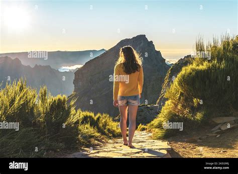 Description Sporty Woman Walking Barefoot In The Evening Sun On Pico