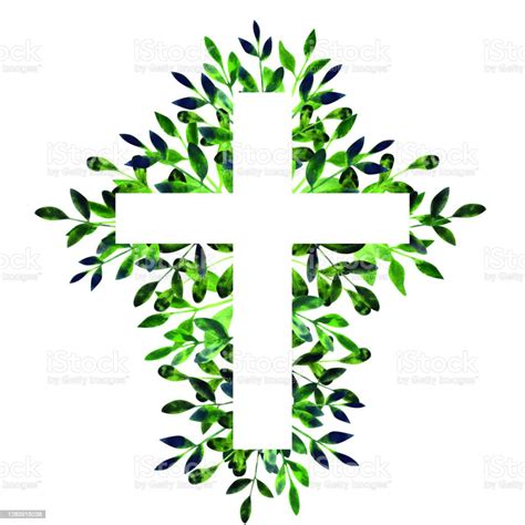 흰색 배경에 고립 된 녹색 수채화 꽃 종교 십자가 가톨릭 과 정교회 일러스트 부활절 침례 첫 번째 친교 클립 아트 손으로 그린