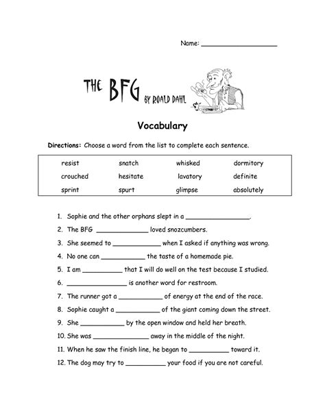 The Bfg Vocabulary Worksheet Vocabulary Worksheets Middle School