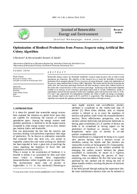 Pdf Optimization Of Biodiesel Production From Prunus Scoparia Using Artificial Bee Colony