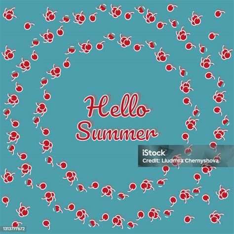 텍스트 안녕하세요 여름과 파란색 배경에 붉은 열매의 화환의 둥근 프레임 선형 스타일 흰색 윤곽선 그림자의 벡터 드로잉 엽서 초대장 광고 직물 기념품용 0명에 대한 스톡 벡터