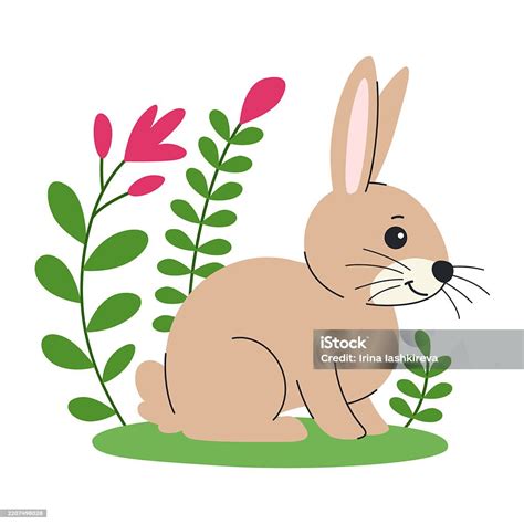 귀여운 갈색 토끼가 잔디밭에 꽃이 만발해 있습니다 카드 배너 및 휴일 디자인을 위한 부활절 토끼 흰색 배경에 고립되어 있습니다 가공의 인물에 대한 스톡 벡터 아트 및 기타