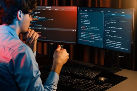 Premium Photo It Developer Concentrating Software While Drinking Coffee At Neon Light Gusher