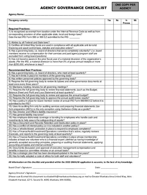 Fillable Online Agency Governance Checklist Fax Email Print Pdffiller