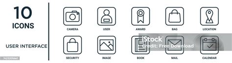 user interface outline icon set includes thin line camera award