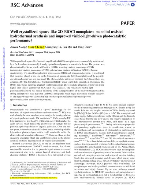 Pdf Well Crystallized Square Like 2d Biocl Nanoplates Mannitol