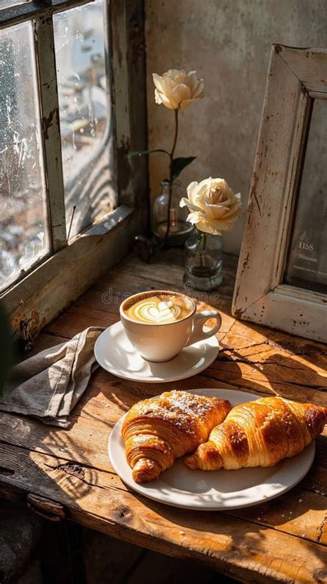 Cozy Morning Breakfast With Coffee And Croissants By Window Light Stock