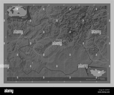 Tov Province Of Mongolia Grayscale Elevation Map With Lakes And