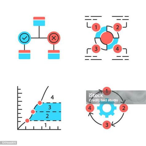 다이어그램 은 색상 아이콘 을 설정 합니다 결정 설명 단계 프로세스 차트 통계 데이터 및 프로세스 흐름 시각화 정보 기호 표현 격리된 벡터 일러스트레이션 0명에 대한 스톡
